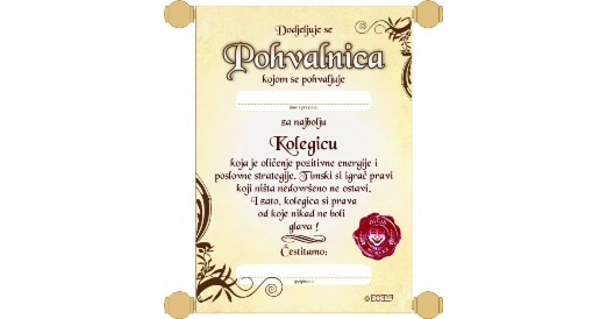 Pohvalnica Za najbolju kolegicu | CMOK