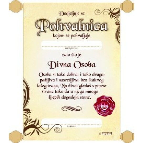 Pohvalnica Zato što si Divna osoba | CMOK